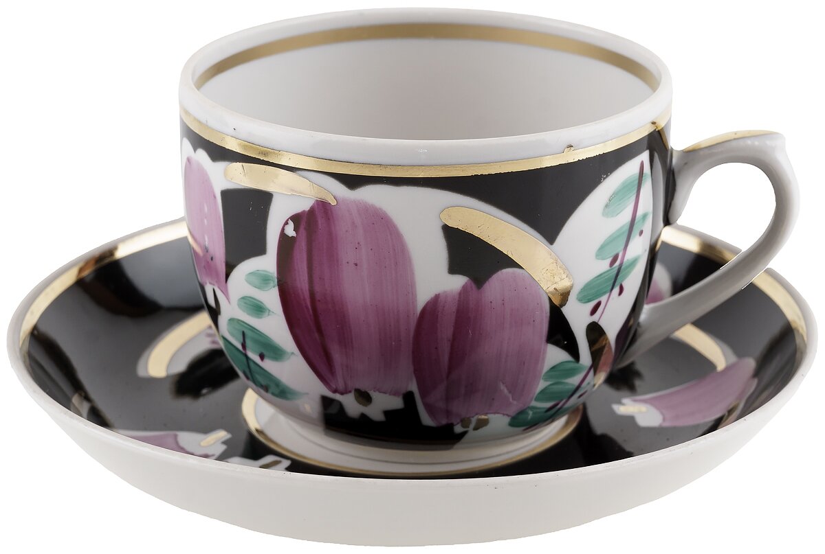 Чайная пара "Колокольчики на черном", Фарфор, винтаж, агашки, Вербилки, СССР, 1965-1991 гг.