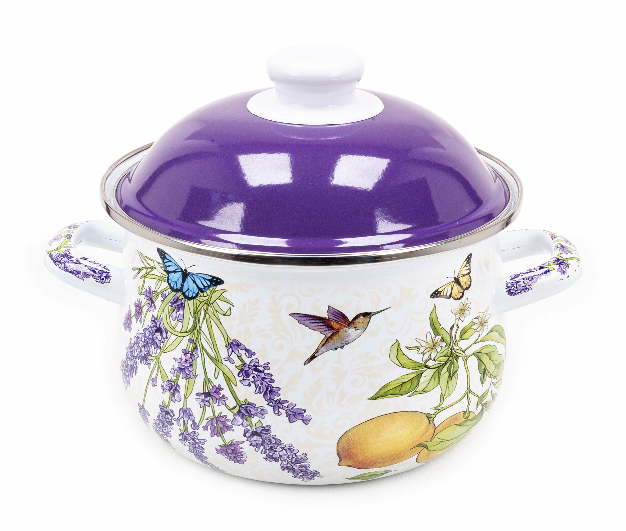 Кастрюля эмалированная Agness / Агнесс Прованс Лимоны белый объем 2л / посуда для всех видов плит