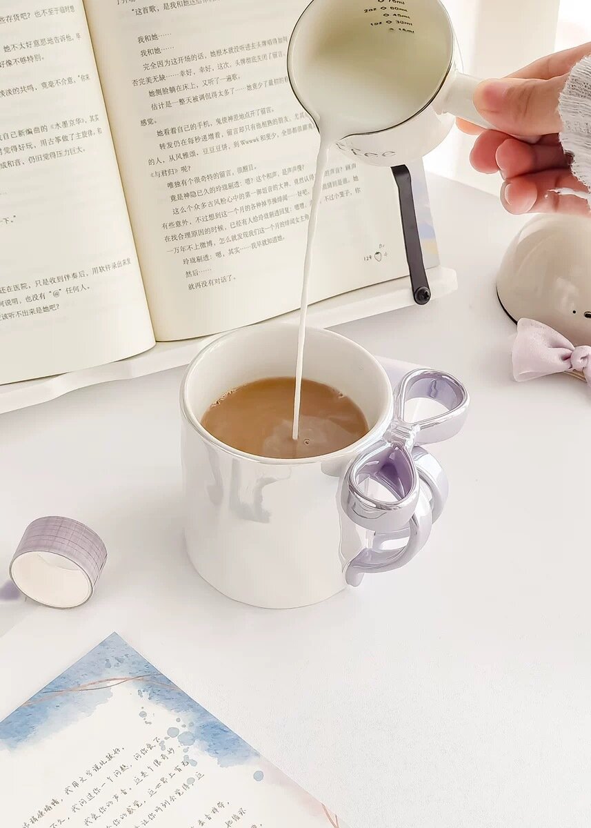 Кружка с бантом для девочек, высококачественная керамическая чашка с гальваническим покрытием в виде сердца для девочекКружка, 350 мл, 1 шт