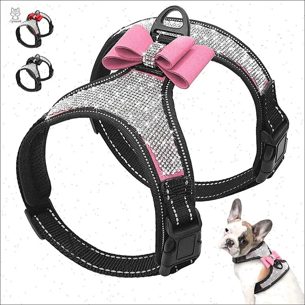 Шлейка для маленьких собак со стразами и розовым бантом, регулируемая, для прогулок