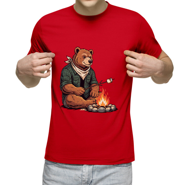 Мужская футболка «Медведь у костра» (красный, 2XL)