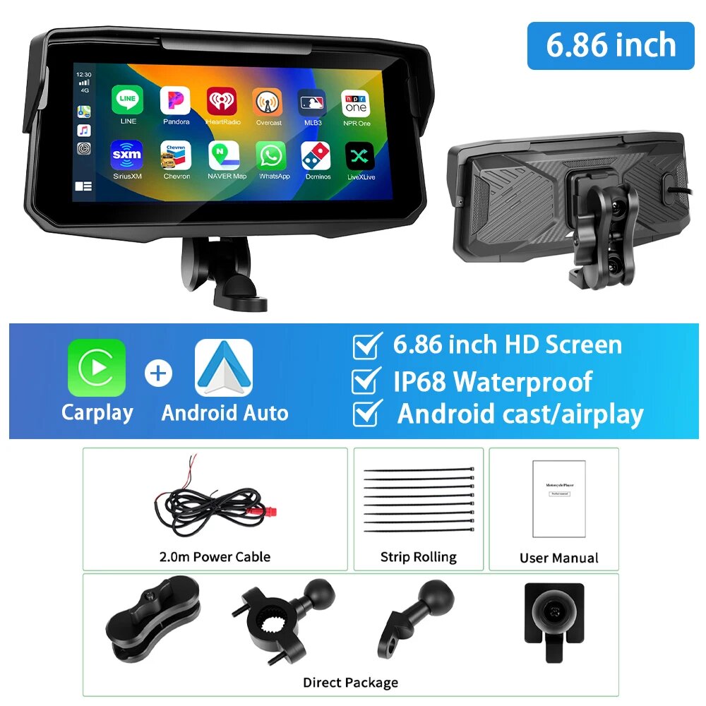 Podofo 6,86 'умный экран плеер мотоцикл Carplay Android Auto IP68 водонепроницаемый Bluetooth давление в шинах Airplay Android Cast