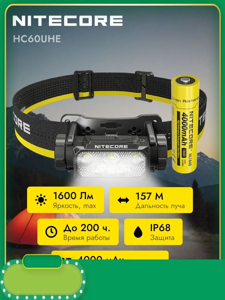 Налобный фонарь Nitecore HC60UHE 1600 лм, красный свет, дальность 157 м, питание 18650