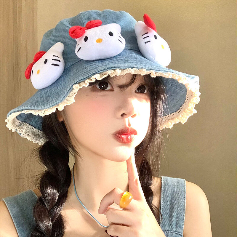 Джинсовая рыбацкая шляпа с милым котенком и котом, женская летняя корейская версия, маленькая шляпа-ведро с изображением лица, солнцезащитная шляпа с большим обхватом головы