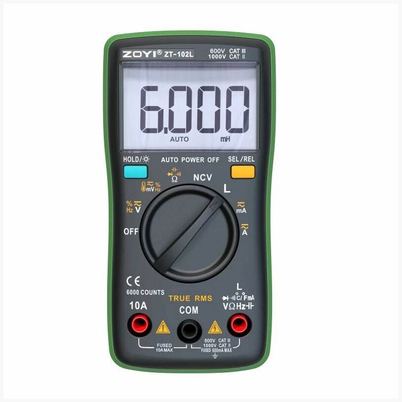 Мультиметр ZT-102A ZOYI 6000 отсчётов, термопара, NCV, HOLD, подсветка дисплея, лёгкий и компактный корпус.