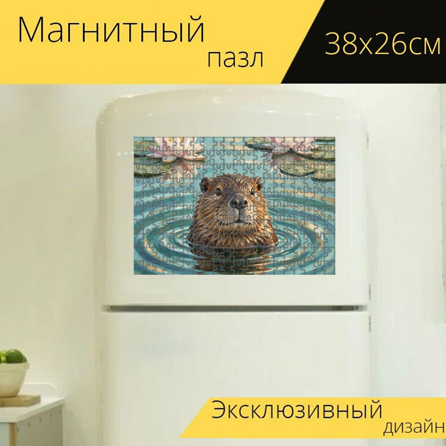 Магнитный пазл "Выдра в водной глади с кувшинками. Живописная выдра в спокойной бирюзовой воде среди кувшинок и нежных розово-белых лилий. Детализированная." для интерьера, 38х26 см.