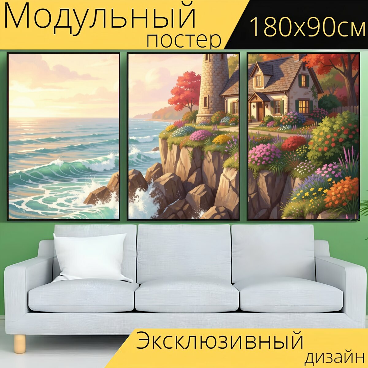 Модульный постер "Маяк на морском утёсе. Уютный домик у башни-маяка на скалистом берегу, цветущие кусты и осенние деревья, бирюзовые." 180 x 90 см. для интерьера на стену в тубусе