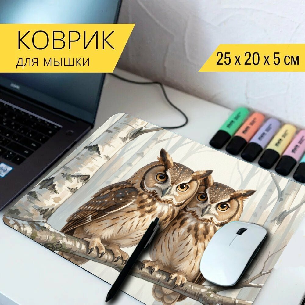 Коврик для мыши с принтом "Две совы на берёзовой ветке. Милые лесные птицы сидят бок о бок на ветке среди светлых берёз. Нежная акварельная палитра, мягкий туман, природные." 25x20см.