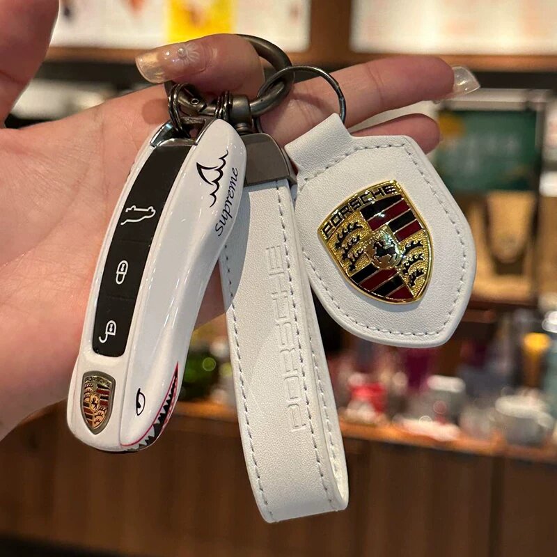 Белый чехол Porsche Shark для ключа с одиночной оболочкой, кожаным ремешком и щитом для Cayenne Macan 911 Taycan