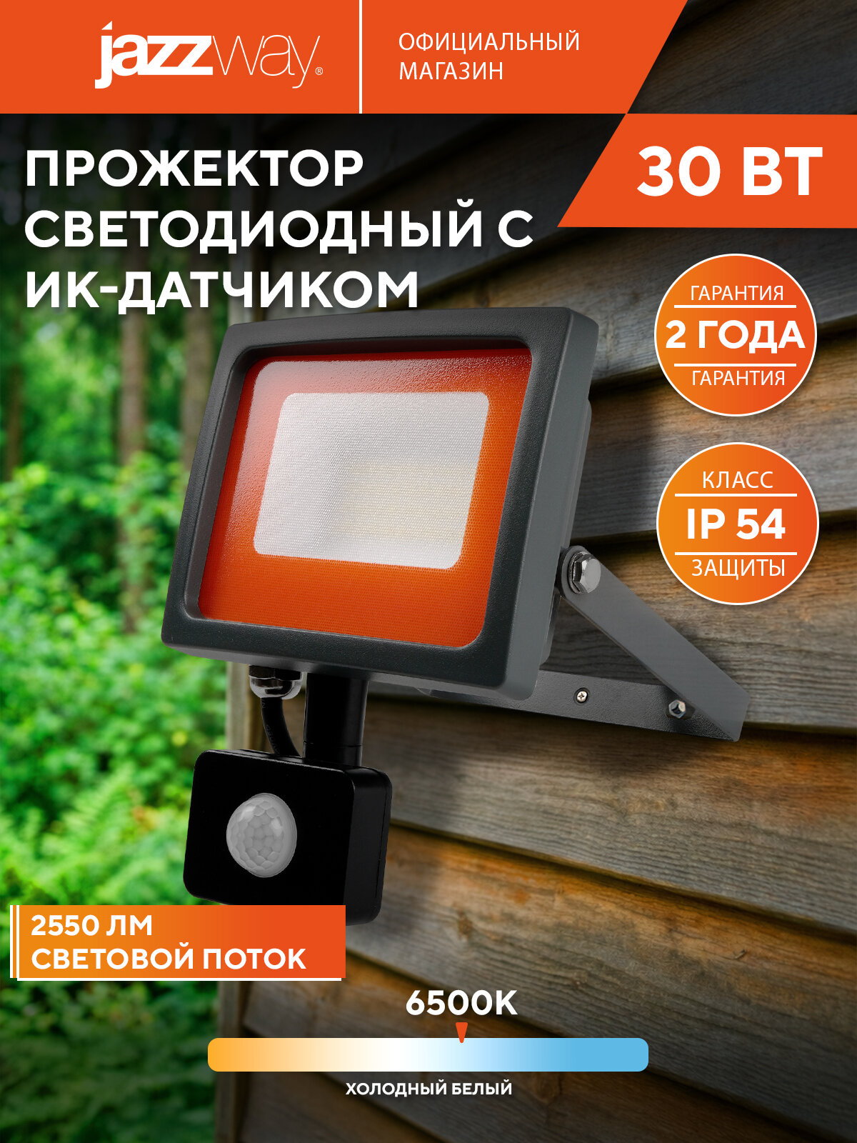 Прожектор Jazzway PFL-SC, уличный, датчик движения, LED, холодный белый, 30Вт