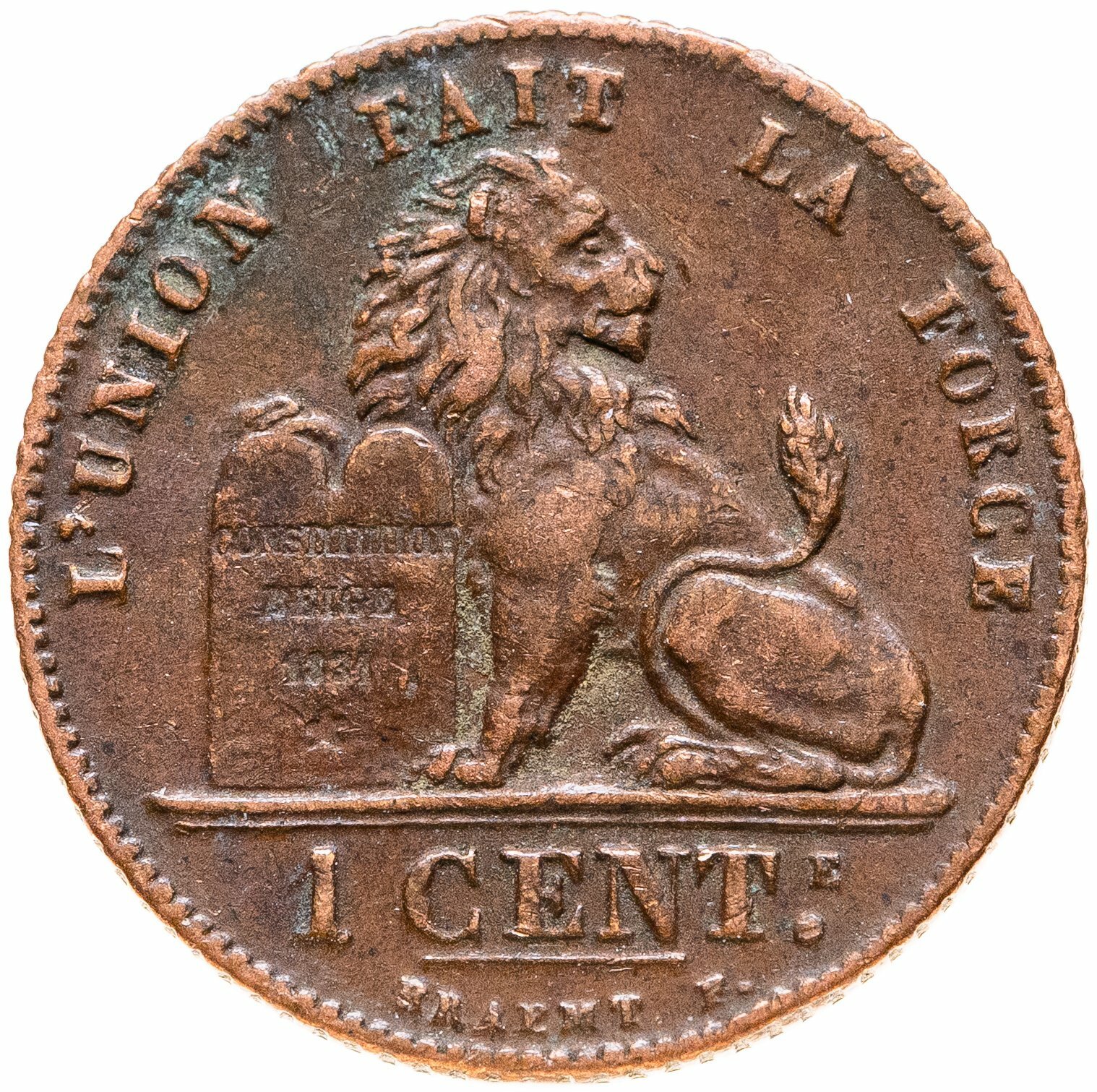 Бельгия 1 сантим centime 1914 Надпись на французском - 'ALBERT ROI DES BELGES', Медь, в сохранности VF-XF