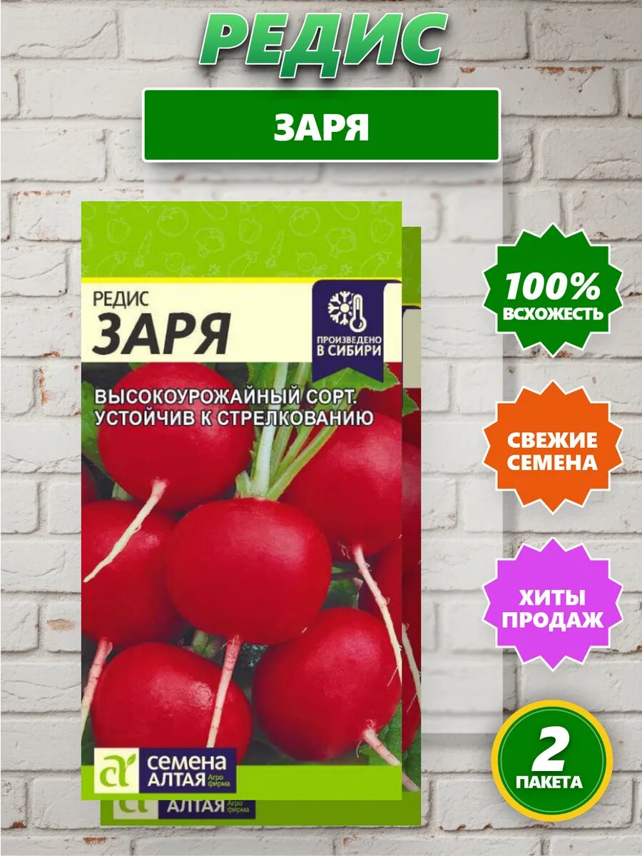 Семена редиса Заря (2 пакета) для открытого грунта и теплиц, Семена Алтая