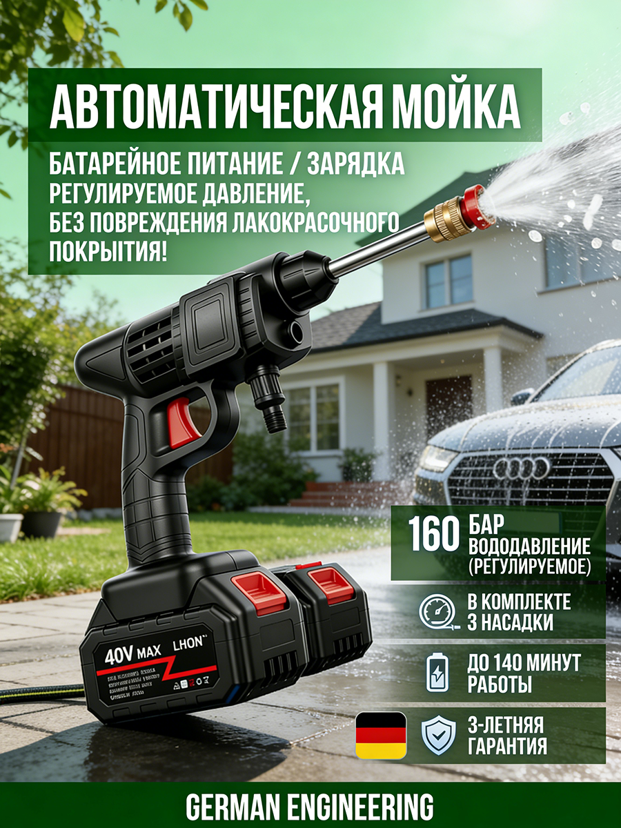 Беспроводная автомойка с пеногенератором, портативная минимойка