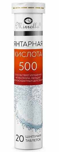 БАД Mirrolla Янтарная кислота 500 г, шипучие таблетки, № 20 3488