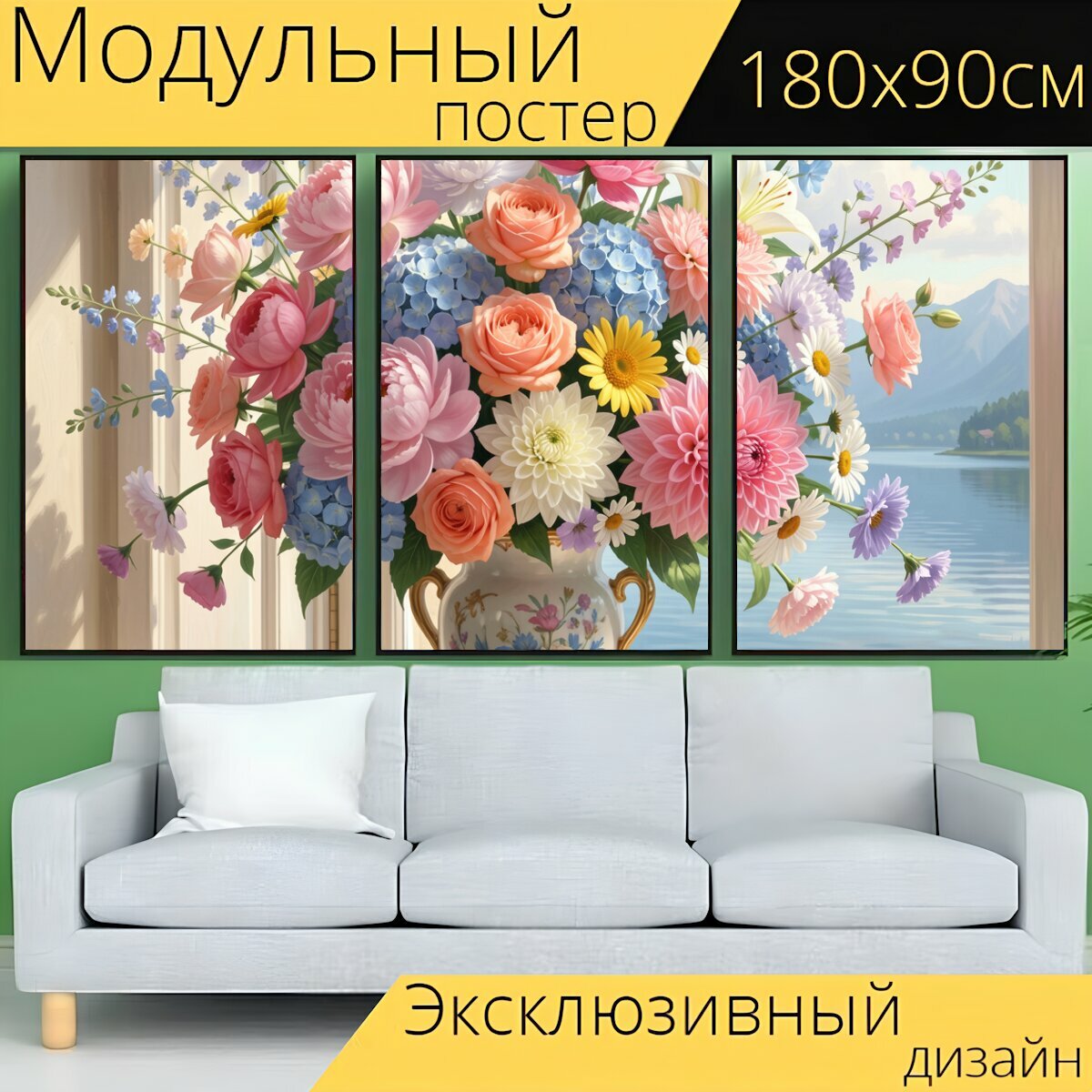Модульный постер "Пышный букет у окна. Роскошная цветочная композиция в фарфоровой вазе у светлого окна: розы, лилии, пионы, ромашки и." 180 x 90 см. для интерьера на стену в тубусе