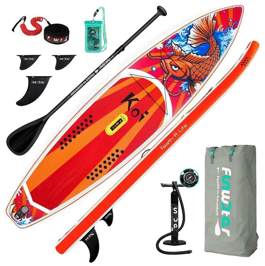 Сапборд надувной Funwater Koi 11.6 Board с насосом, веслом и страховочным лишем, двухслойная надувная доска sup 335х83х15