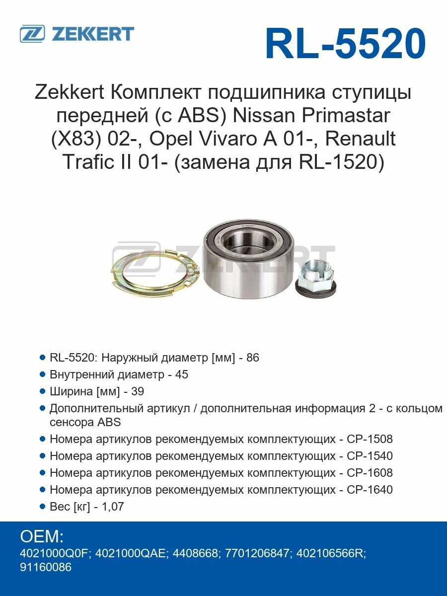 Zekkert Комплект подшипника ступицы передней (с ABS) Nissan Primastar (X83) 02-, Opel Vivaro A 01-, Renault Trafic II 01- (замена для RL-1520)