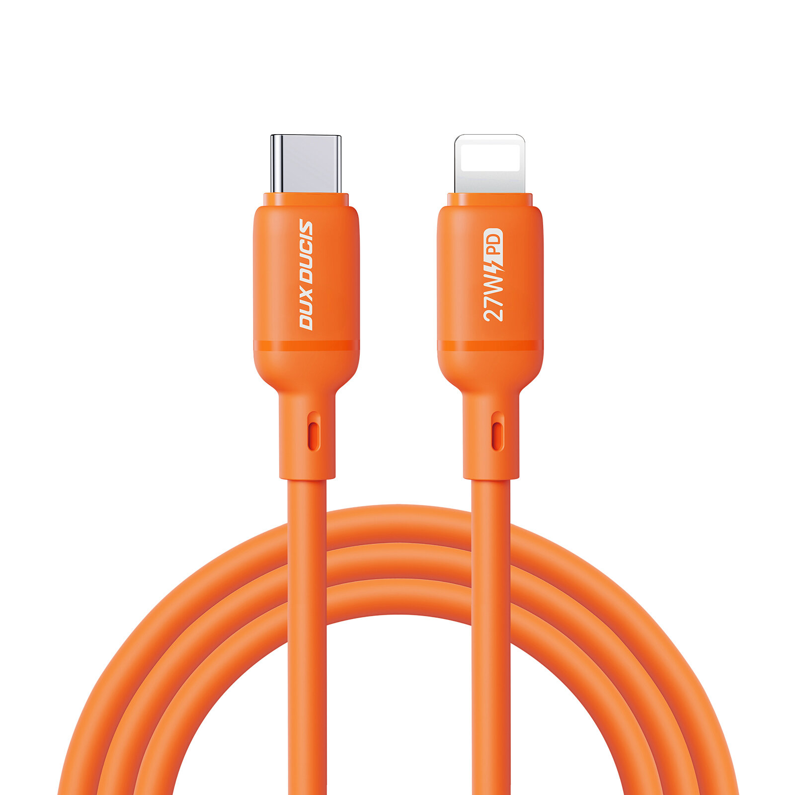 Силиконовый кабель оранжевого цвета с USB-C на Lightning, быстрая зарядка 27W, длина 100см (1м), серия SILI Series от Dux Ducis