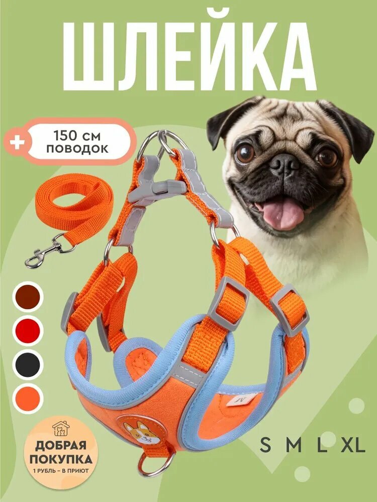 Шлейка для собак мелких, средних пород MiloPets с поводком 150 см