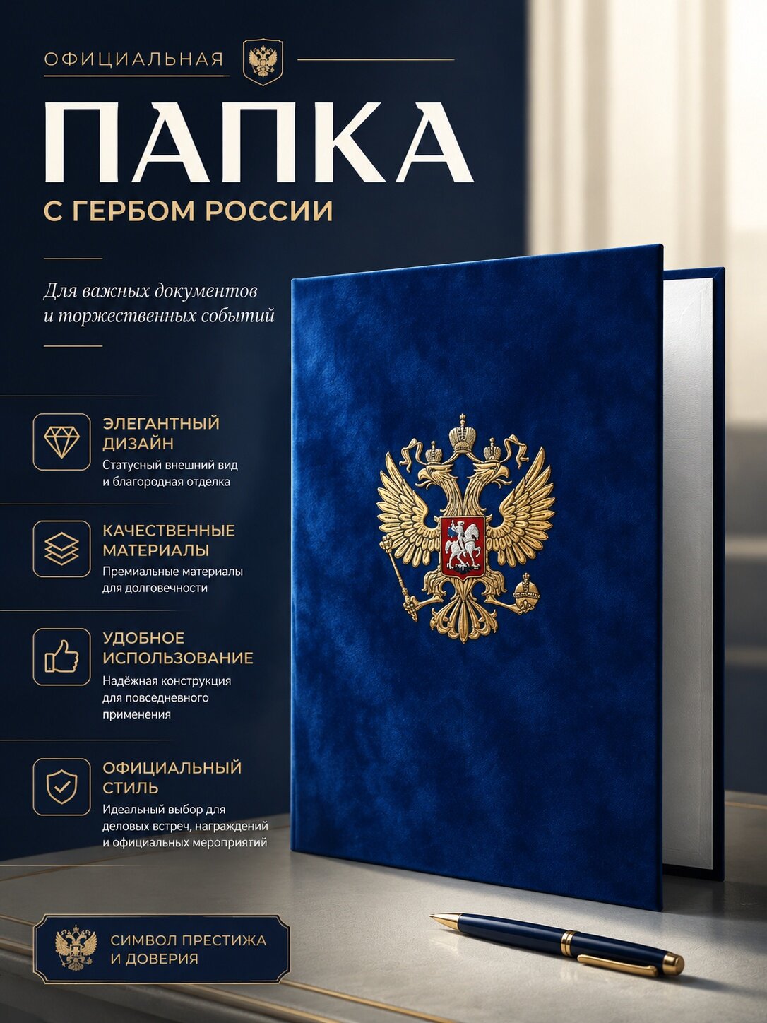 Папка делюкс из синего бархата с гербом России