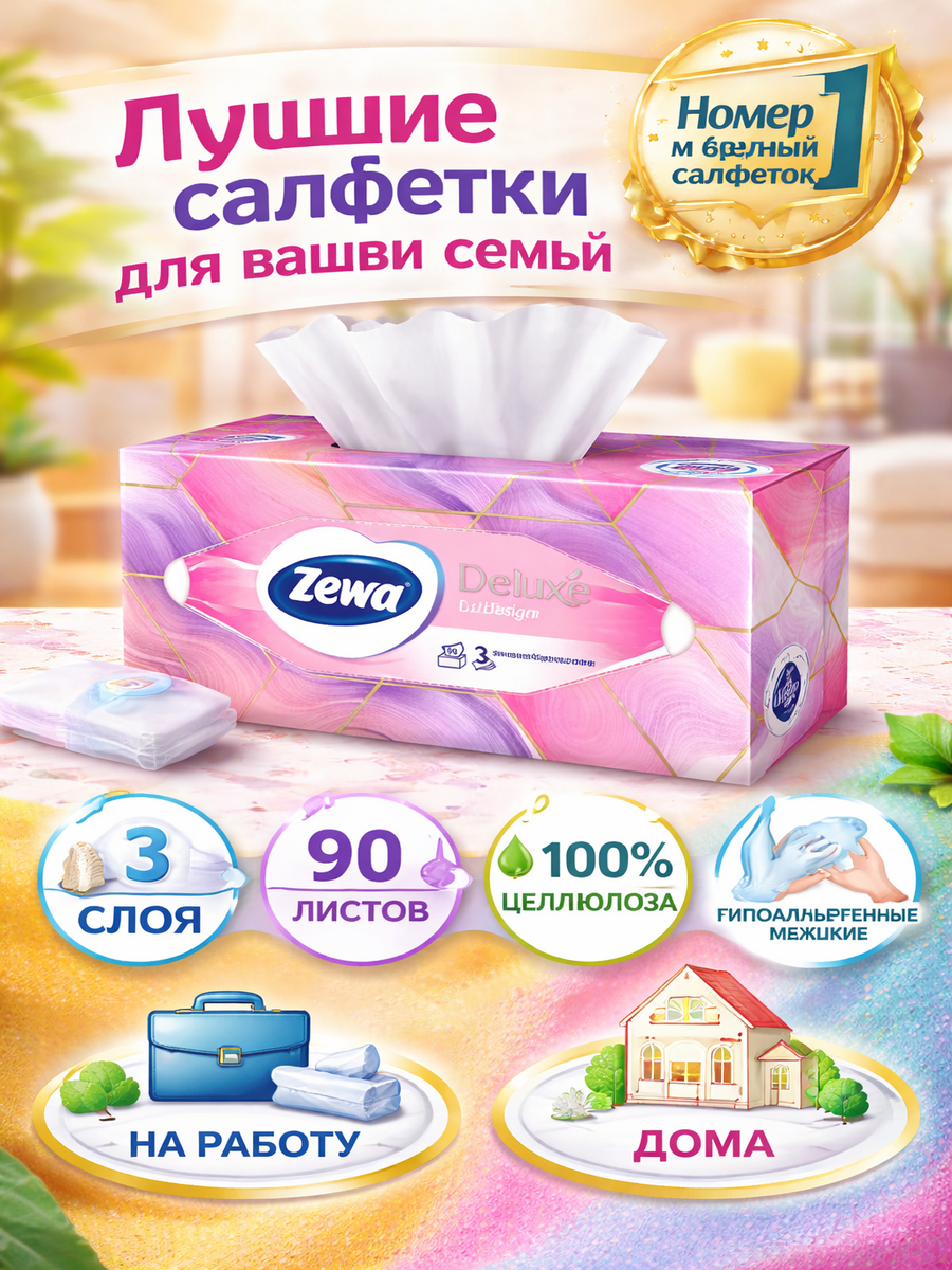 Салфетки бумажные Zewa Deluxe Дизайн 3 слоя в коробке, 90 листов