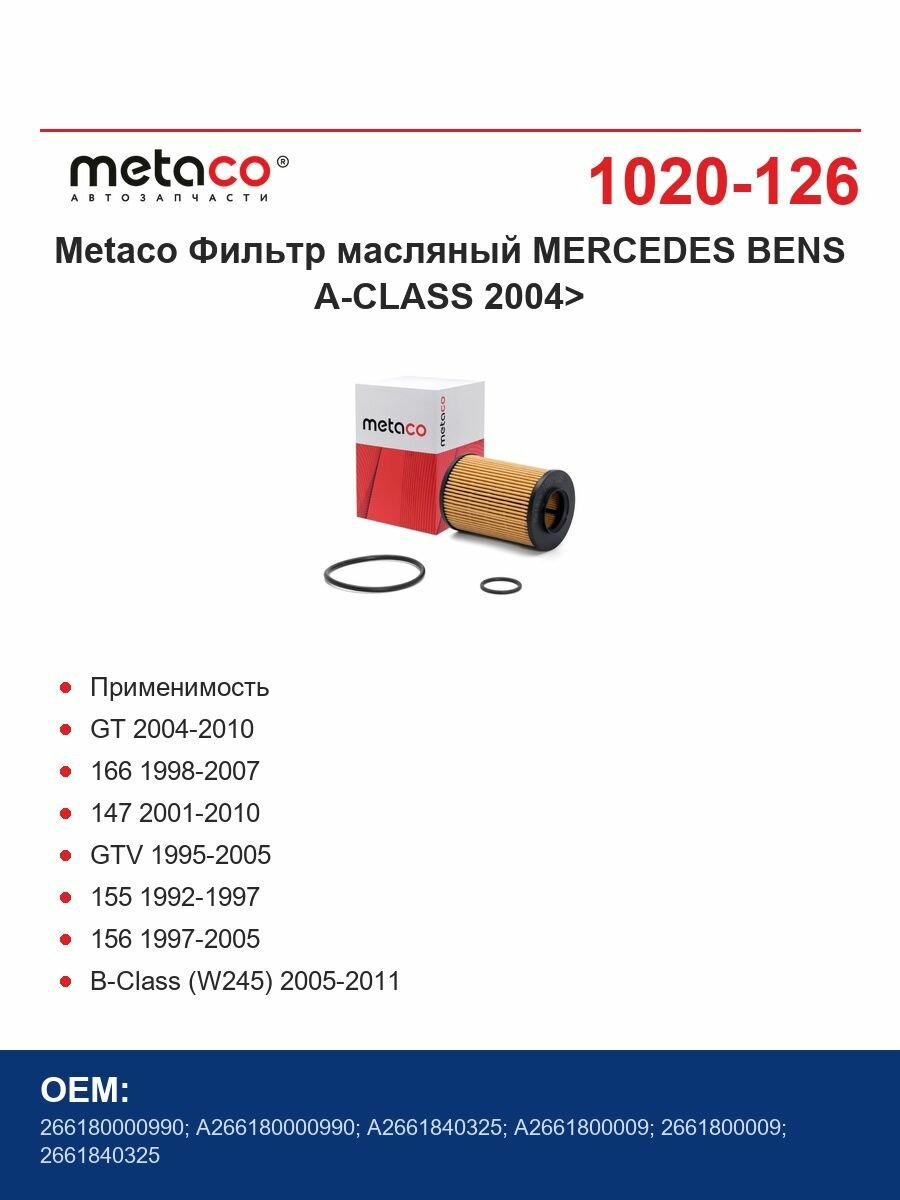 Metaco Фильтр масляный MERCEDES BENS A-CLASS 2004>