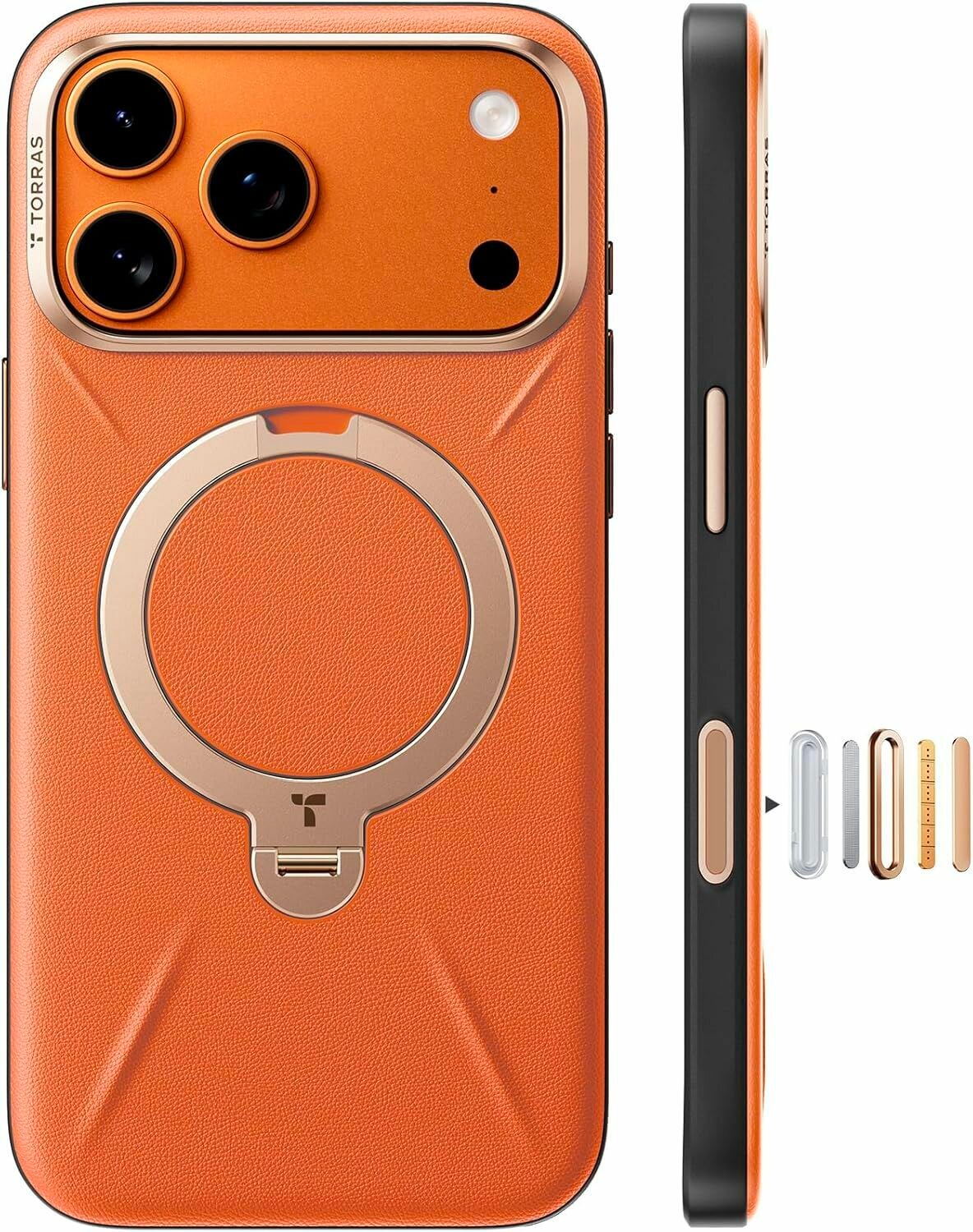 Чехол Torras Premium Leather Pivot для iPhone 17 Pro Max с магнитной вращающейся подставкой, полностью закрывает кнопки камеры, ультратонкий.