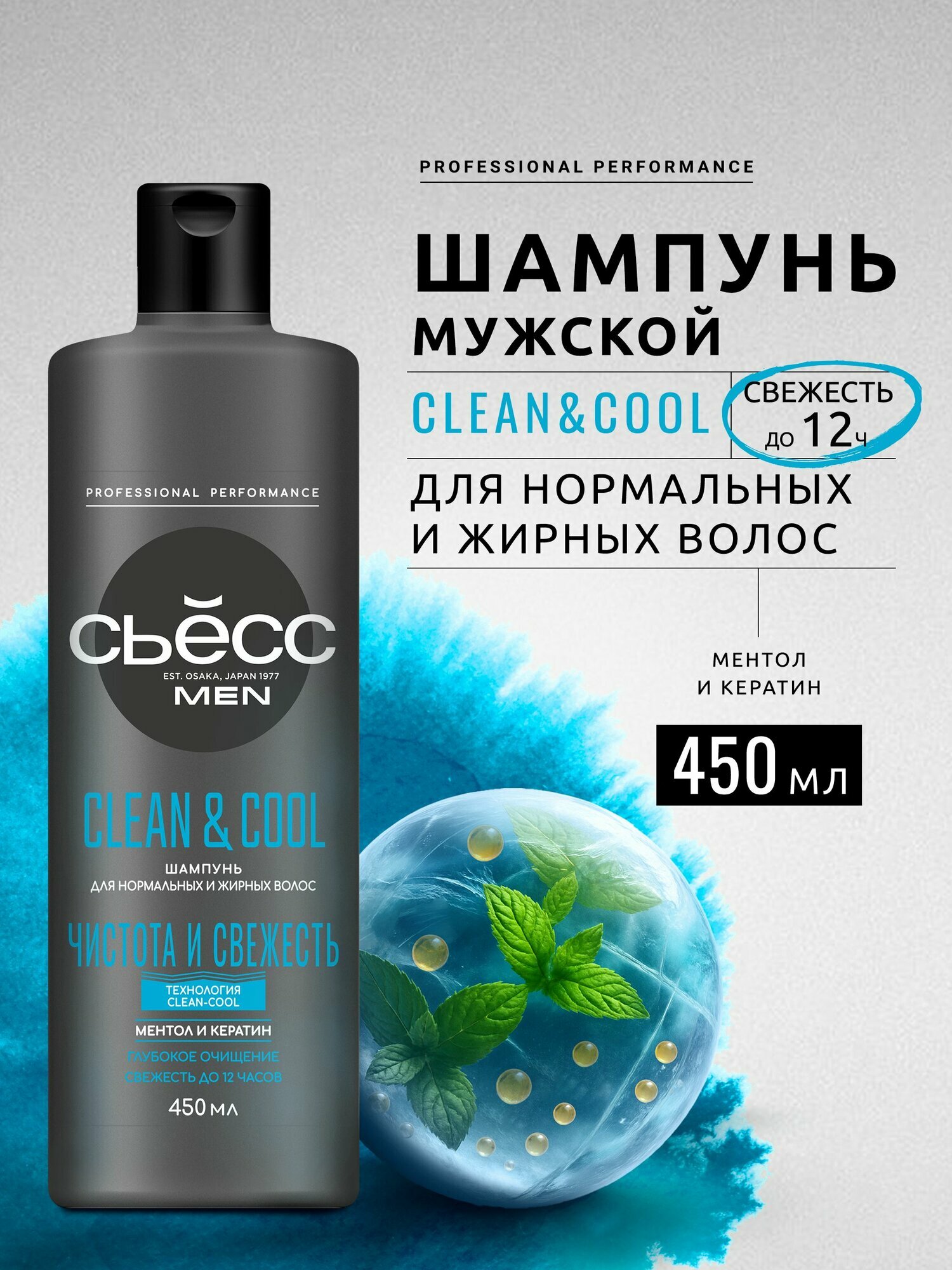 Сьесс Шампунь мужской Clean & Cool для нормальных и жирных волос, глубокое очищение, для жирной кожи головы, 450 мл