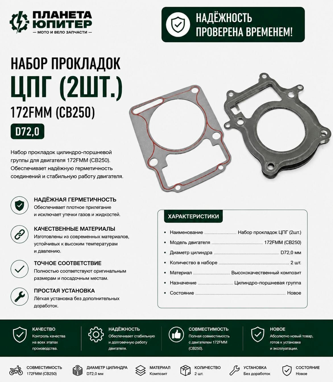 Набор прокладок ЦПГ 172FMМ (CB250) D72,0
