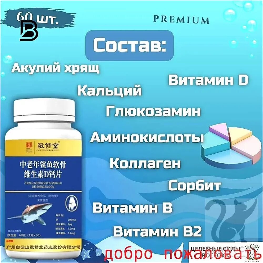 Кальций с витамином D, глюкозамин и хондроитин «Цзин Сюй Тан» с акульим хрящом, 60 таблеток — фото 1