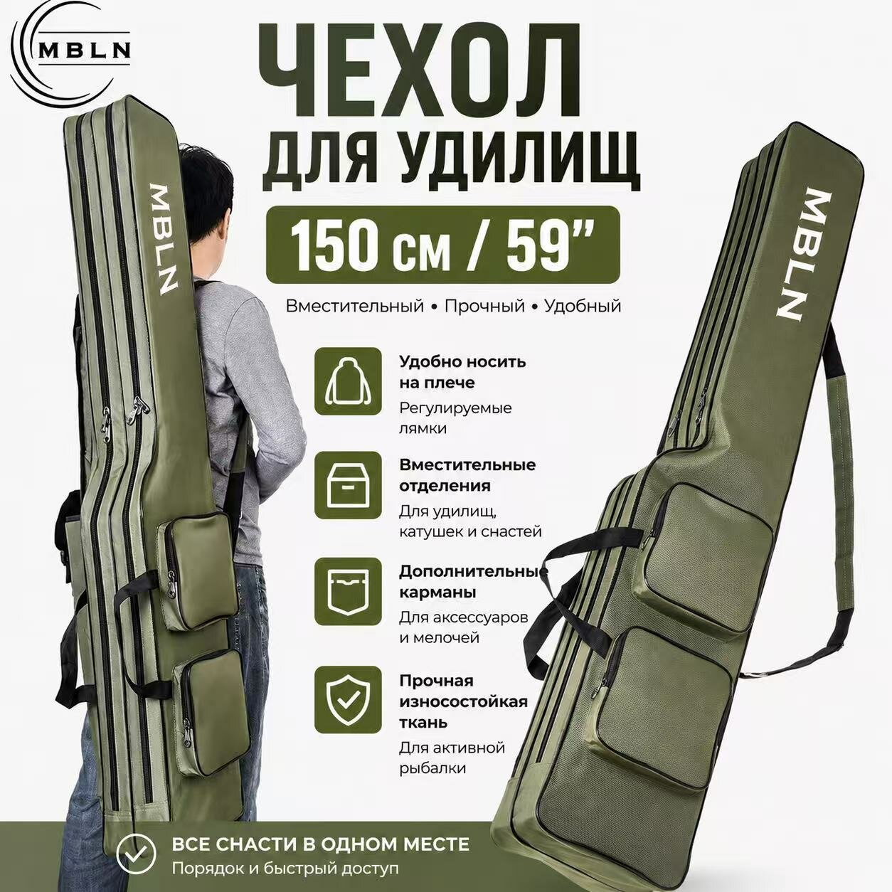 Складная большая сумка для рыболовных снастей MBLN 1,5 м, рюкзак для удочек, сумка для морских удочек,