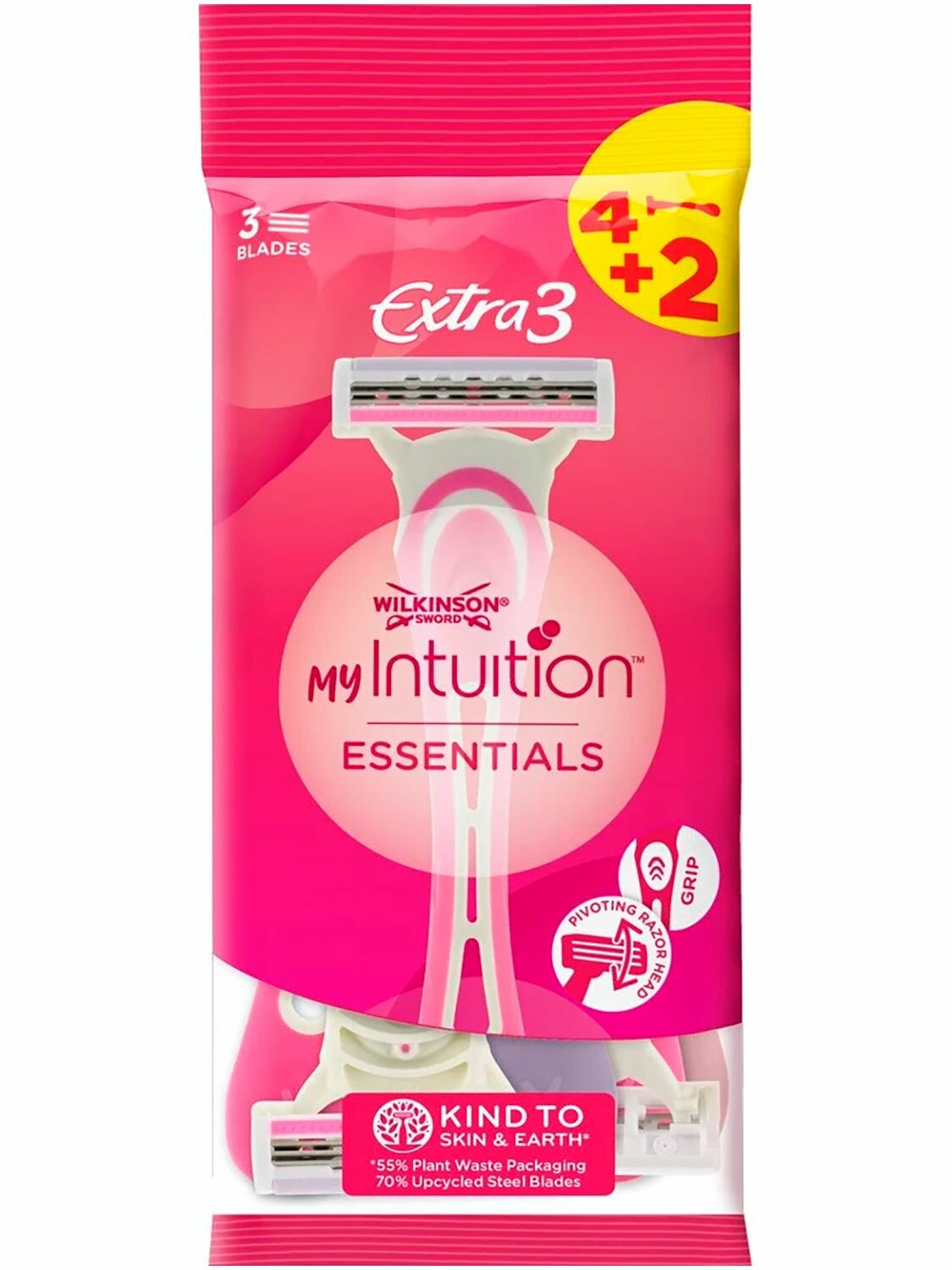 Wilkinson Sword Бритвы одноразовые Schick EXTRA 3 myIntuition Essentials (6 станков), женская, 3 лезвия, плав. головка, увл. полоска, прорезиненная ручка