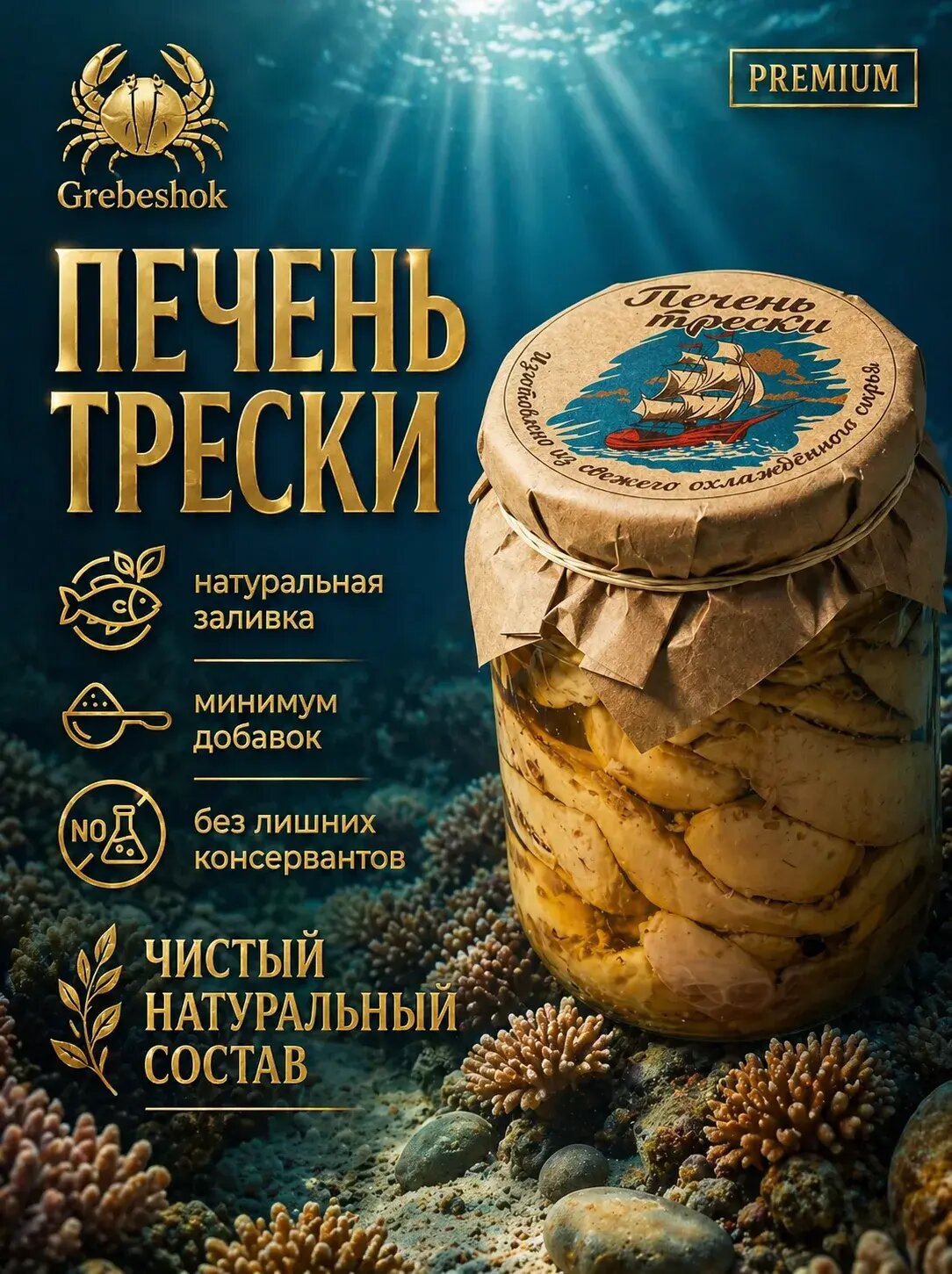 Печень трески Мурманск, натуральный продукт, 750 г , стеклянная банка
