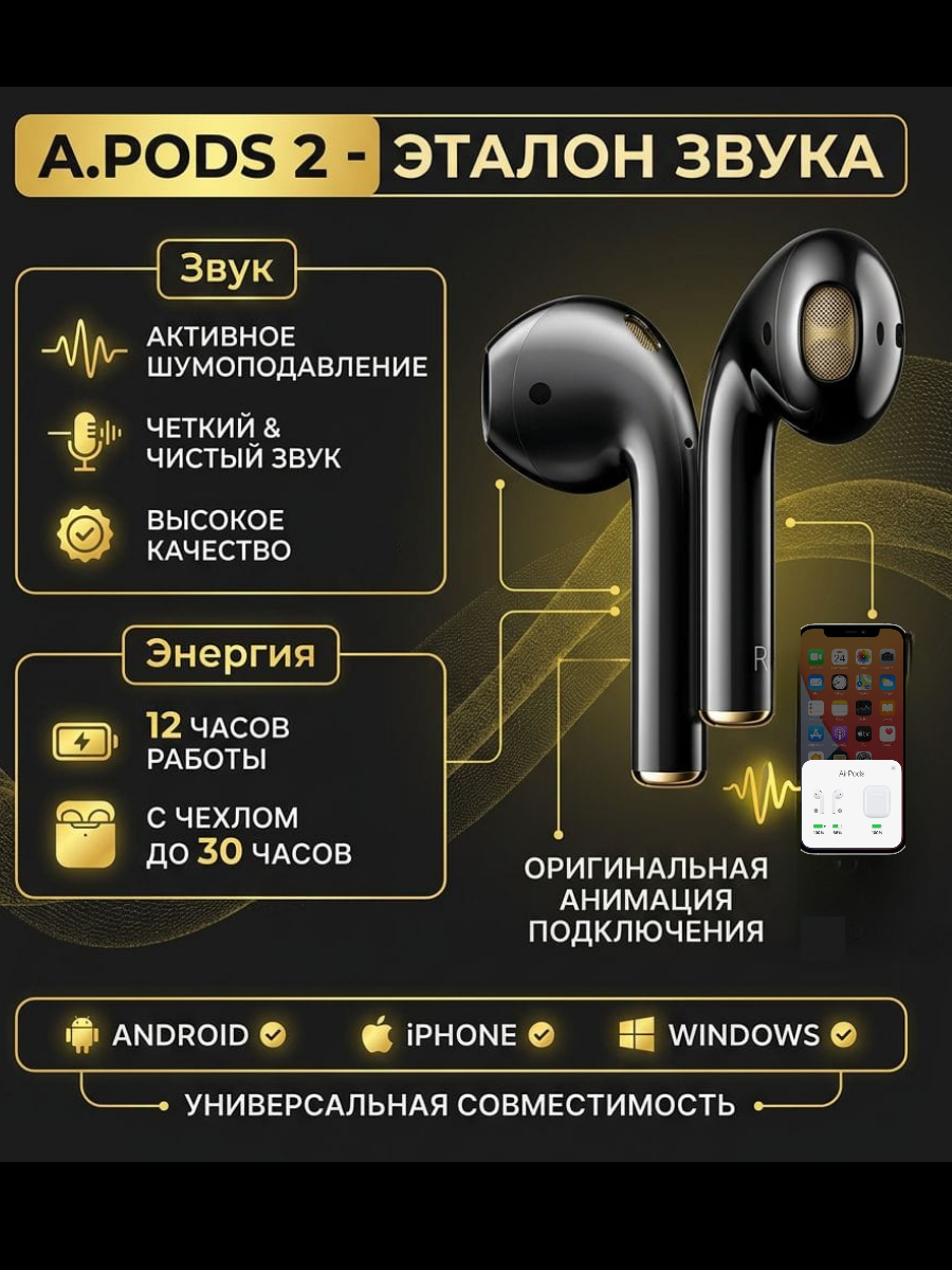 Наушники A.Pods 2, Bluetooth 5.3, шумоподавление, IP67, 12 часов работы