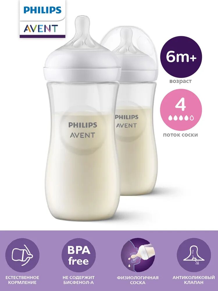 Бутылочка для кормления новорожденных Philips Avent Natural Response, SCY906/02, 330 мл, 6 мес +, 2 шт, с антиколиковым клапаном