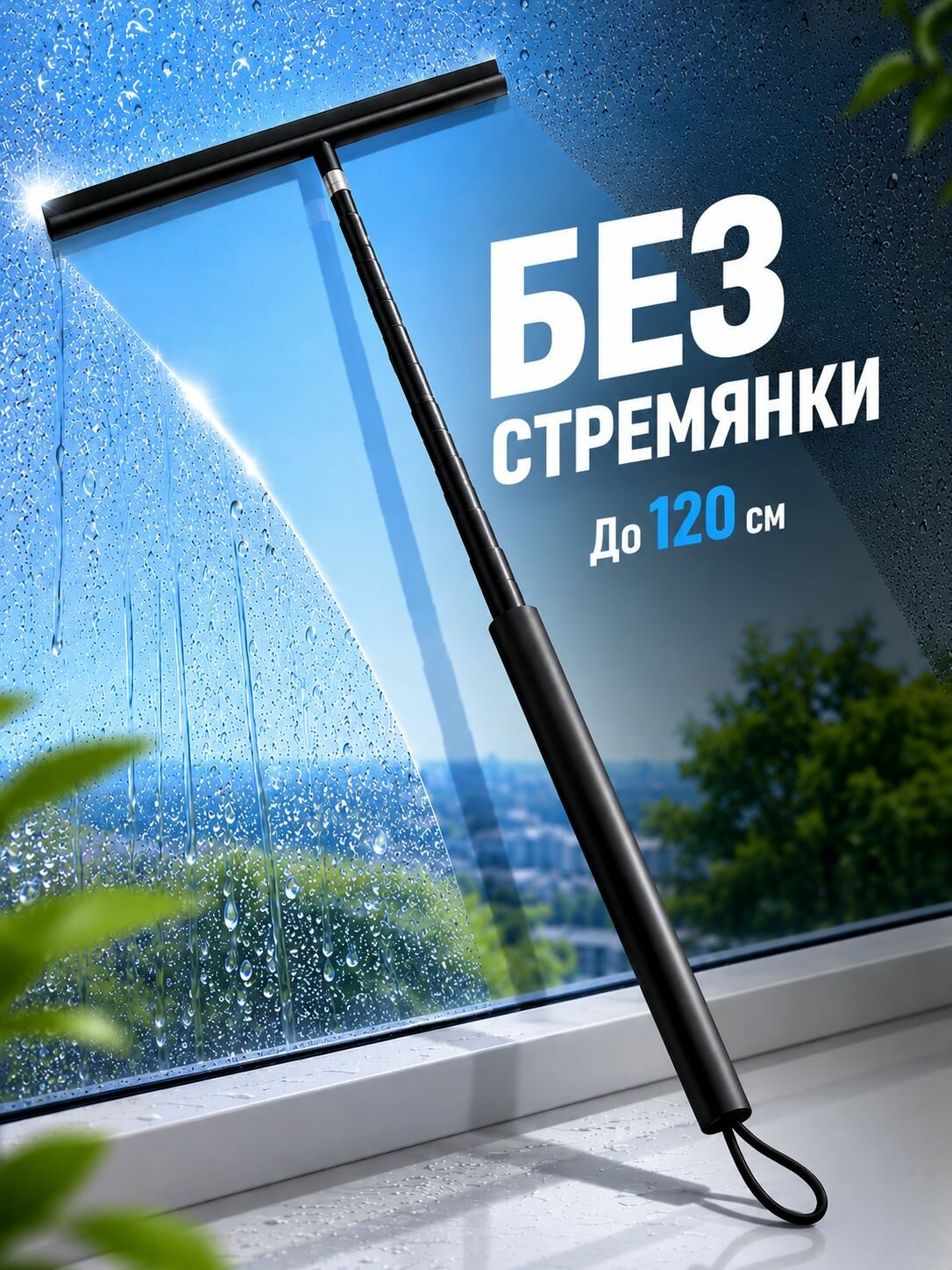 Телескопический водосгон с выдвижной ручкой для стекол, окон, зеркал и душевых кабин