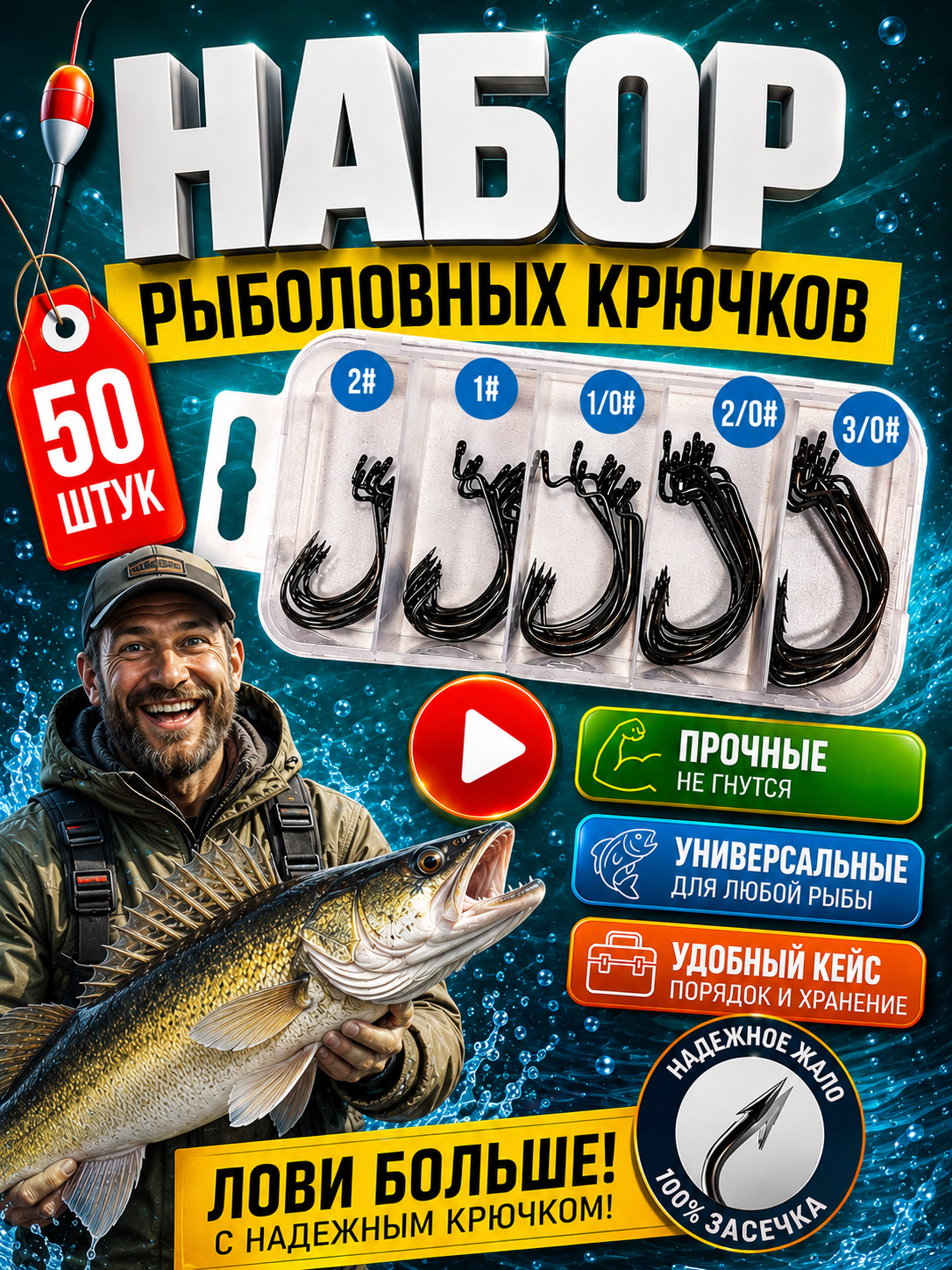 Набор офсетных крючков в пластиковом кейсе 50 штук для рыбалки