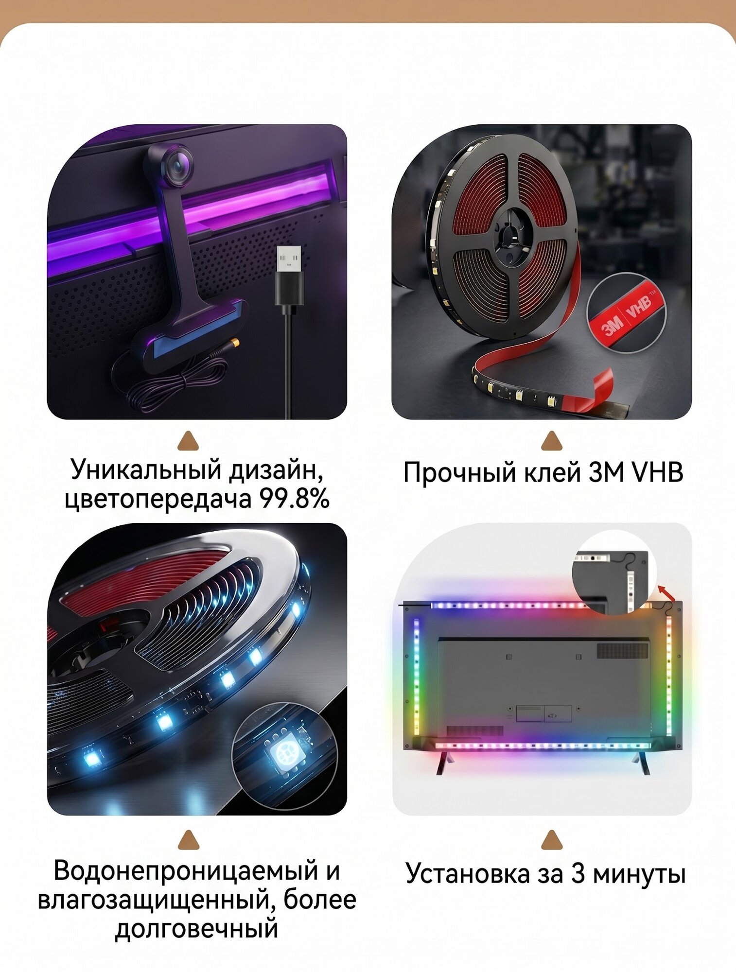 Лента LED AI-камера, RGB, музыкальный режим, пульт 2.4 G, IP65, FCC, CE, 2.8m, 40-50 дюймов