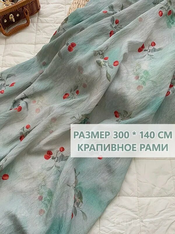 Ткань крапива рами для пошива одежды, платьев, рубашек и рукоделия, цветок на зеленом