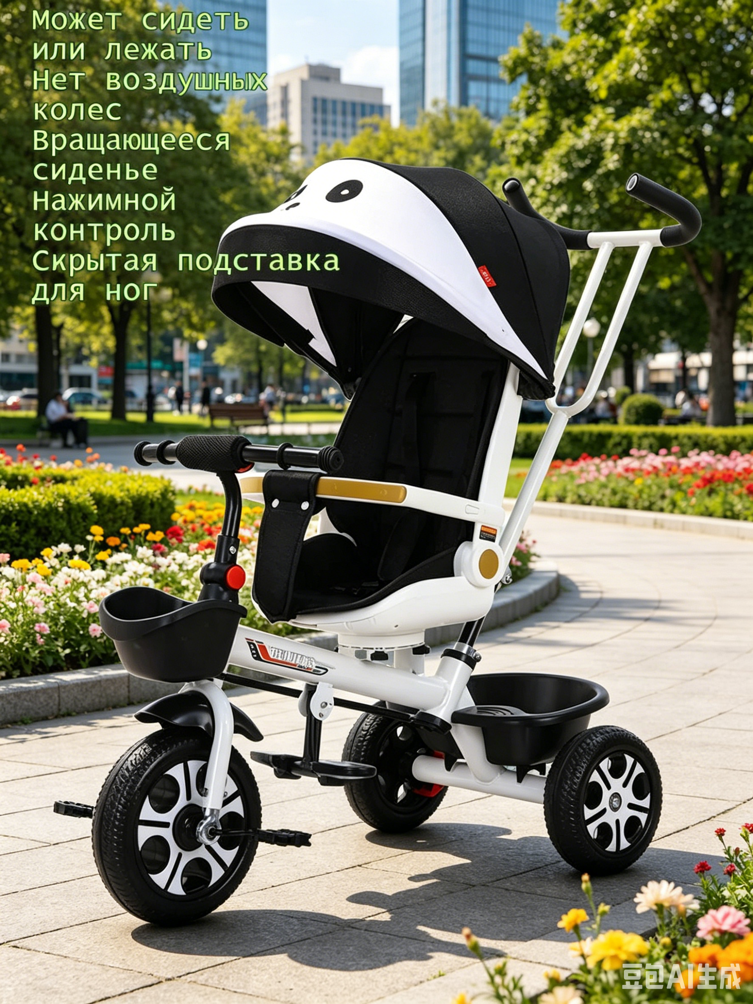 Детский трехколесный велосипед с ручкой, с козырьком, вращающееся сиденье, спинка лежачая, для детей от 1 до 5 лет