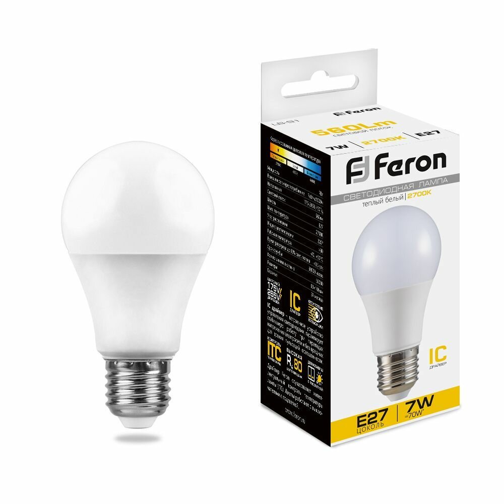 Лампа светодиодная Е27 мощность 7W цвет 2700K теплый белый свет Feron LB-91 25444 Упаковка 5 штук