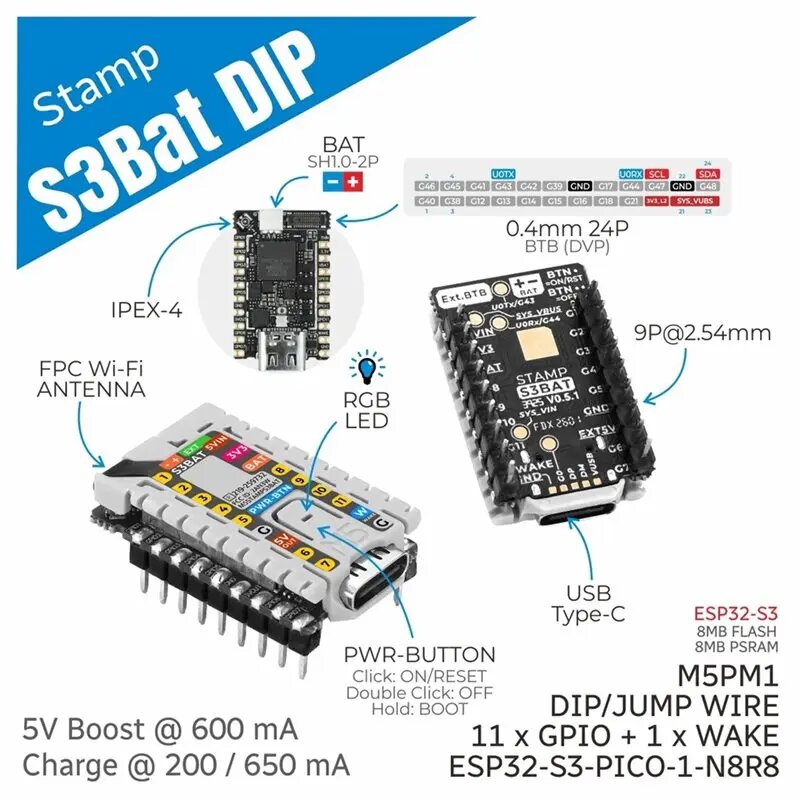 ESP32-S3 M5stamp-S3 BAT модуль — фото 1