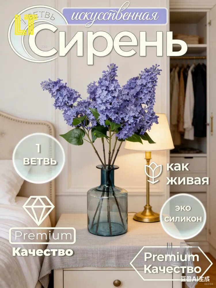 Искусственные цветы Сирень, 1 ветвь, голубой, силикон, 340 мм, 1 шт