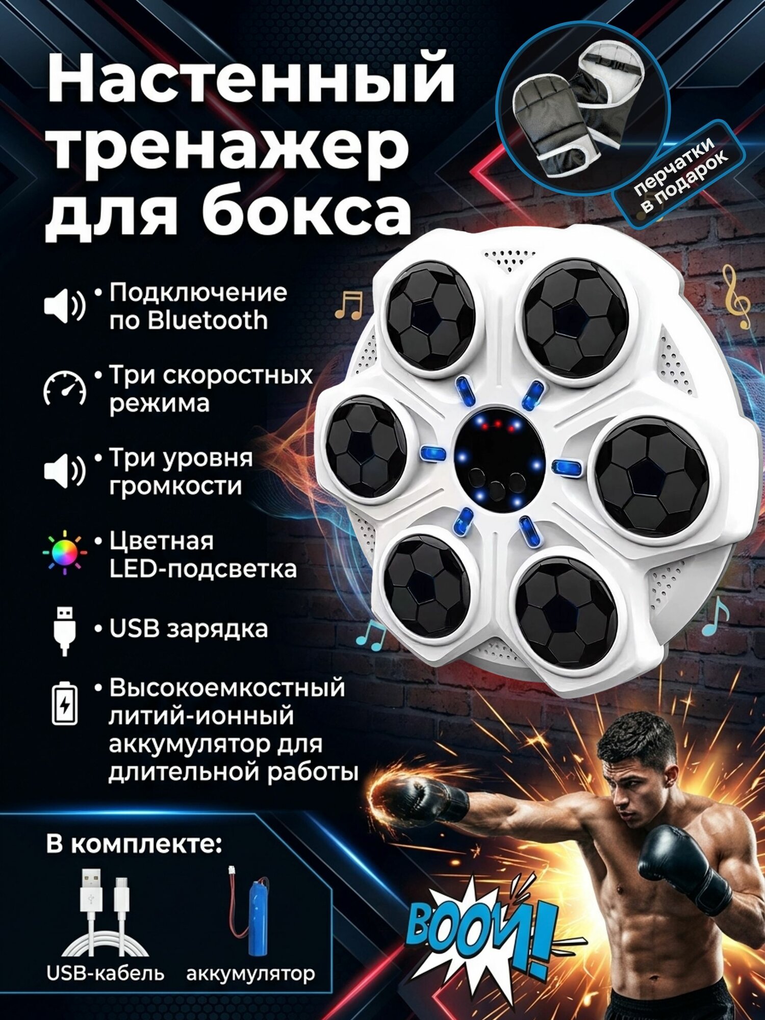 Умный тренажер для бокса с музыкой и подсветкой, боксерский тренажер для бокса интерактивный