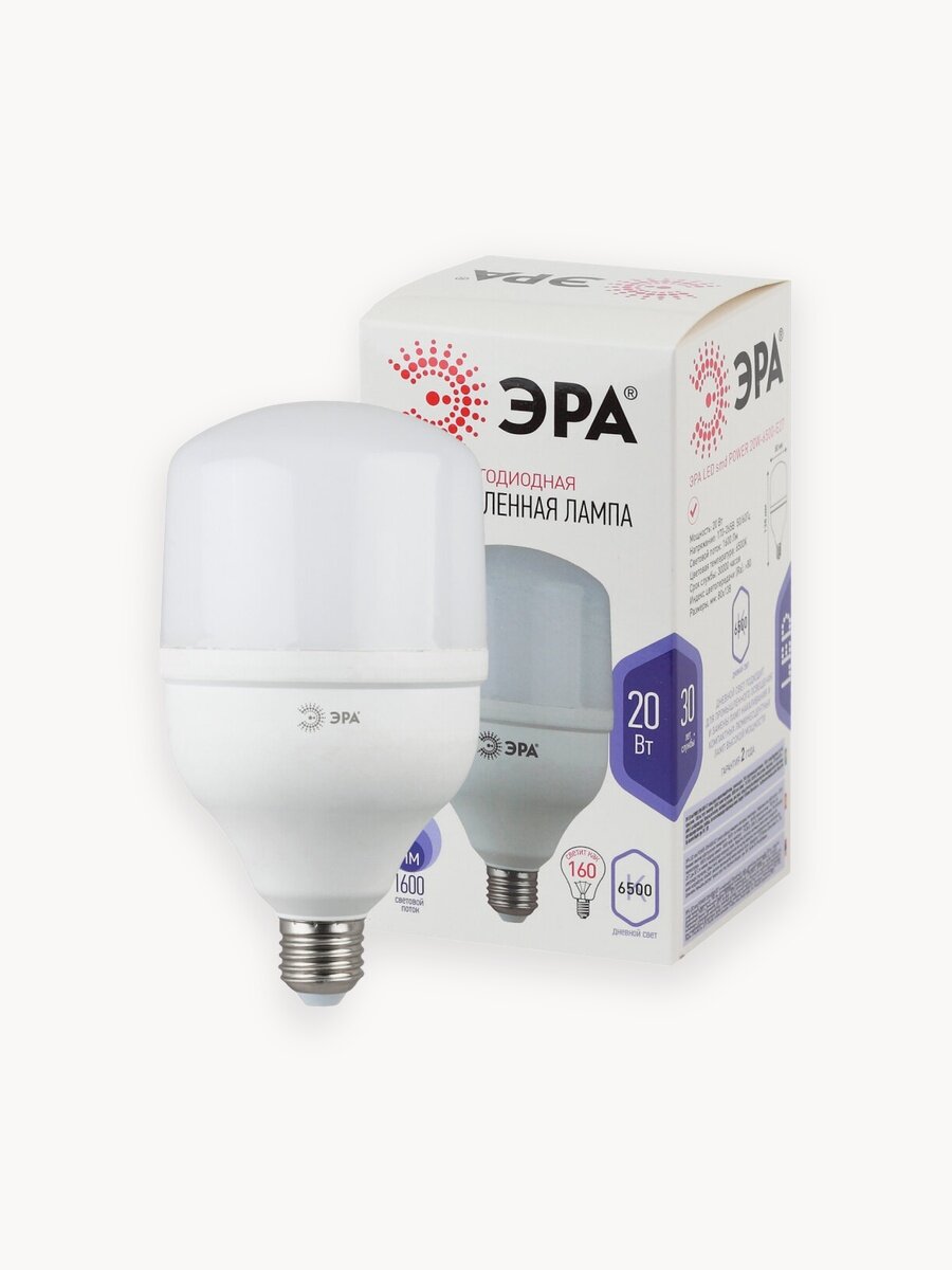 Лампочка светодиодная промышленная ЭРА LED E27 20 Вт T80 цилиндр 6500К холодный белый свет, 1 шт