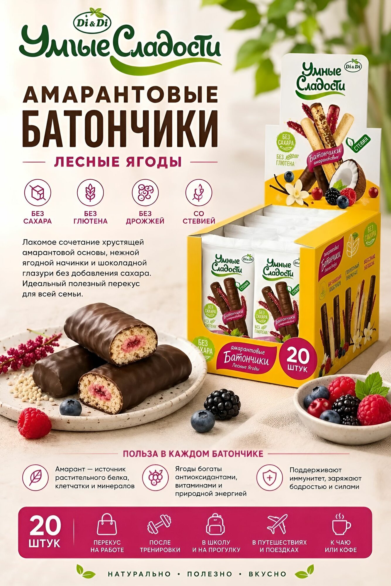 Батончики без сахара и глютена "Умные сладости" с начинкой лесная ягода 20 шт по 20г