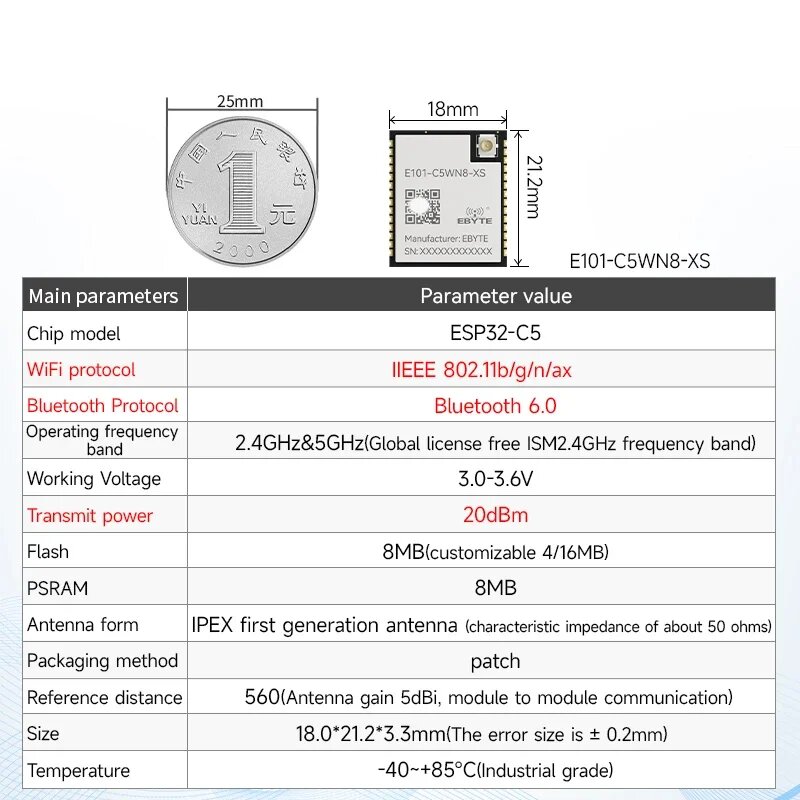 Промышленный Wi-Fi модуль ESP32-C5 E101-C5WN8-XS