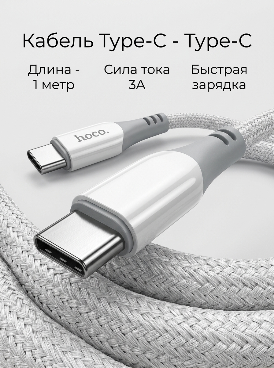 Кабель USB Type-C - Type-C для быстрой зарядки тедлефона, планшета Android, iPhone 15, 16, 17, 1м, 60W, 3А