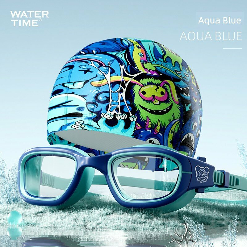 Детские очки для плавания и шапочка для плавания WaterTime, водонепроницаемые и противотуманные очки высокой четкости