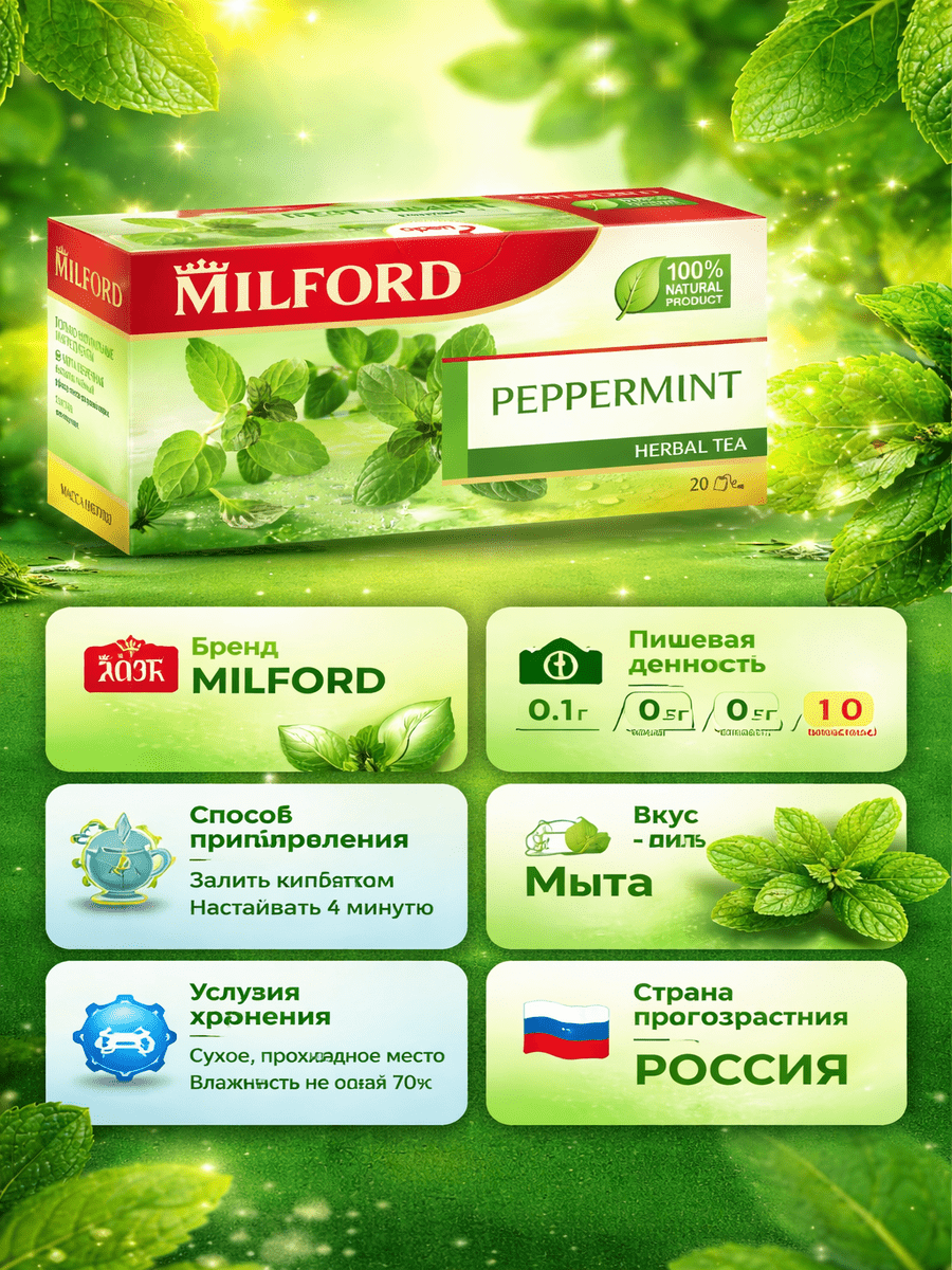 Чай Milford Peppermint мята перечная (1.5г х 20шт), 30г